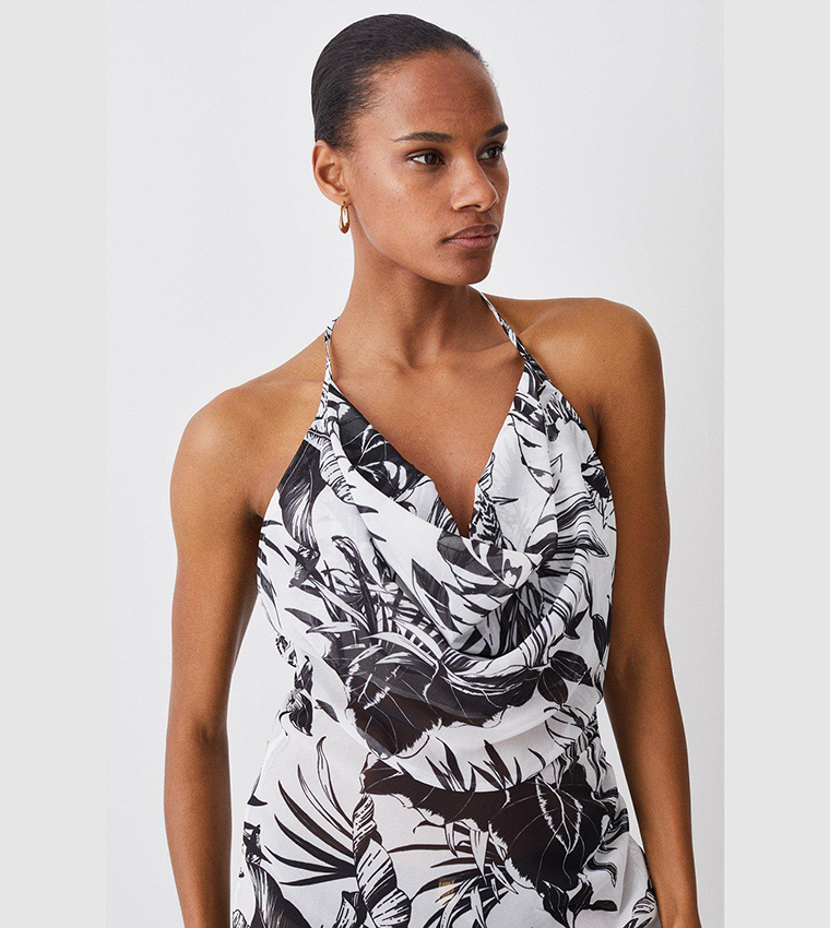Buy Karen Millen Beach Mono Floral Halterneck Sheer Maxi Dress In ...
