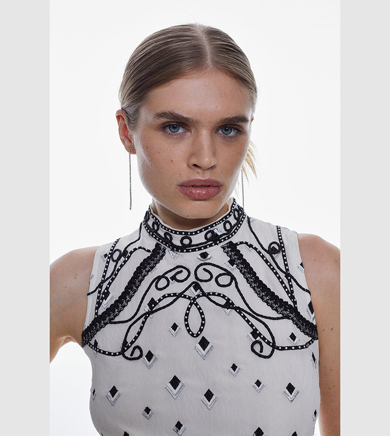 Buy Karen Millen Tall Embroidered Cornelli Tape Woven Dress In Ivory ...