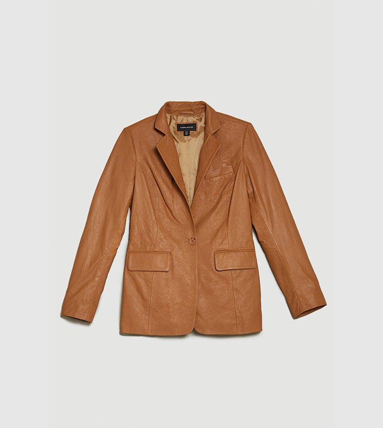 Buy Karen Millen Washed Leather Notch Neck Forever Jacket In Beige ...