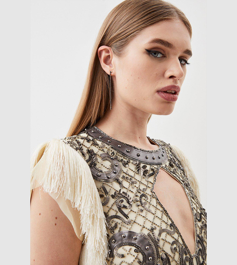 Buy Karen Millen Tall Pu Leather Sequin Woven Mini Dress In Silver ...