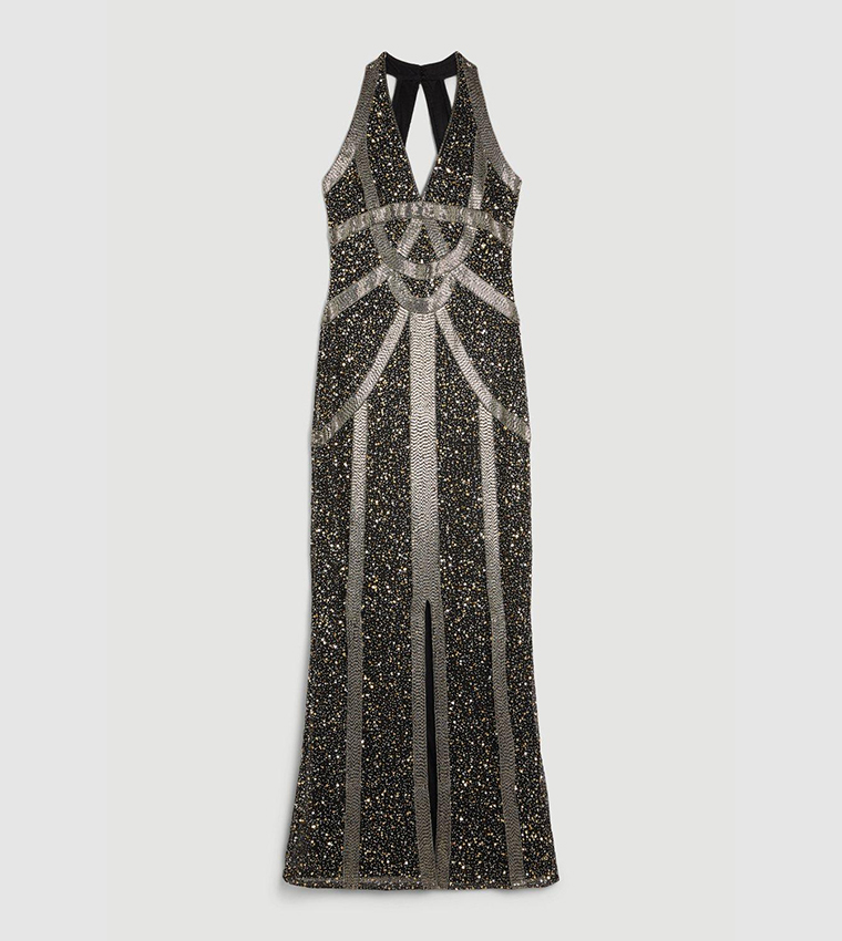 Buy Karen Millen Tall Crystal Embellished Halter Maxi Dress In GUN ...