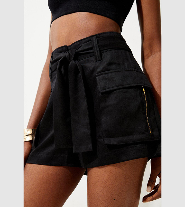 Buy Karen Millen Twill Utility Wide Leg Woven Shorts In Black ...