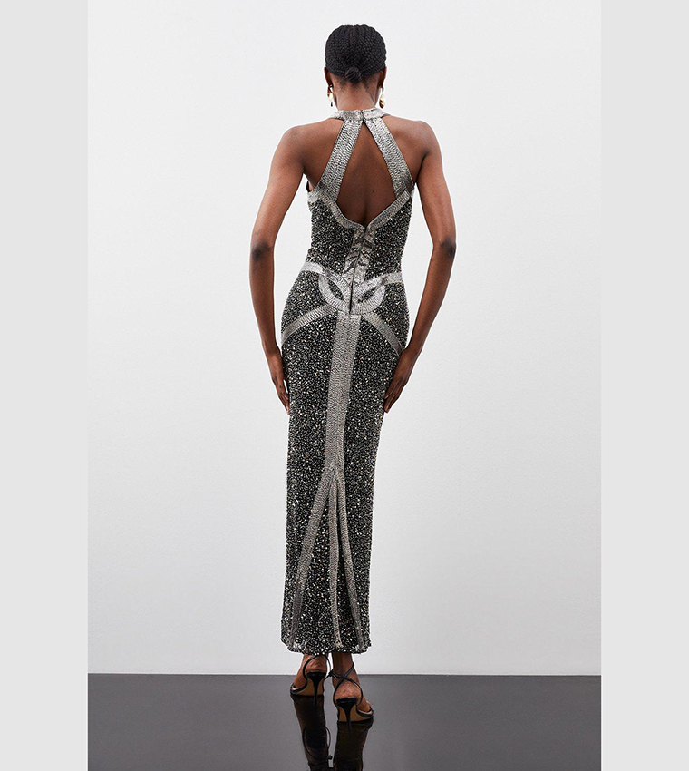 Buy Karen Millen Crystal Embellished Halter Maxi Dress In Gun Metal