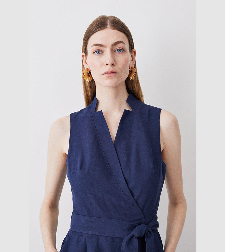 Buy Karen Millen Linen Notch Neck Belted Jumpsuit In Navy | 6thStreet Oman