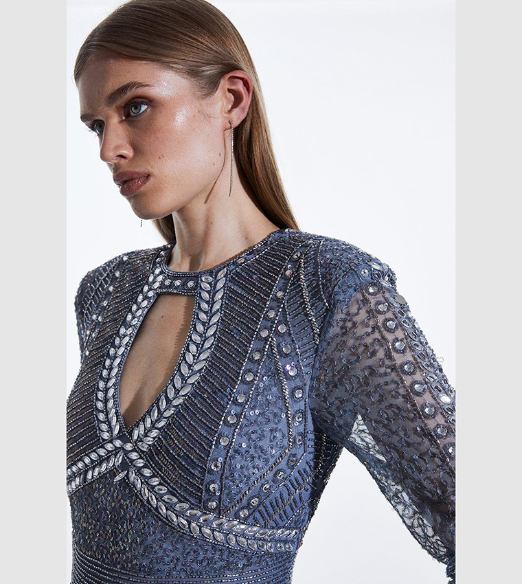 Buy Karen Millen Crystal Embellished Long Sleeve Maxi Dress In Blue