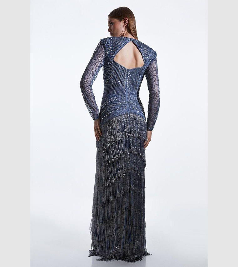 Buy Karen Millen Crystal Embellished Long Sleeve Maxi Dress In Blue
