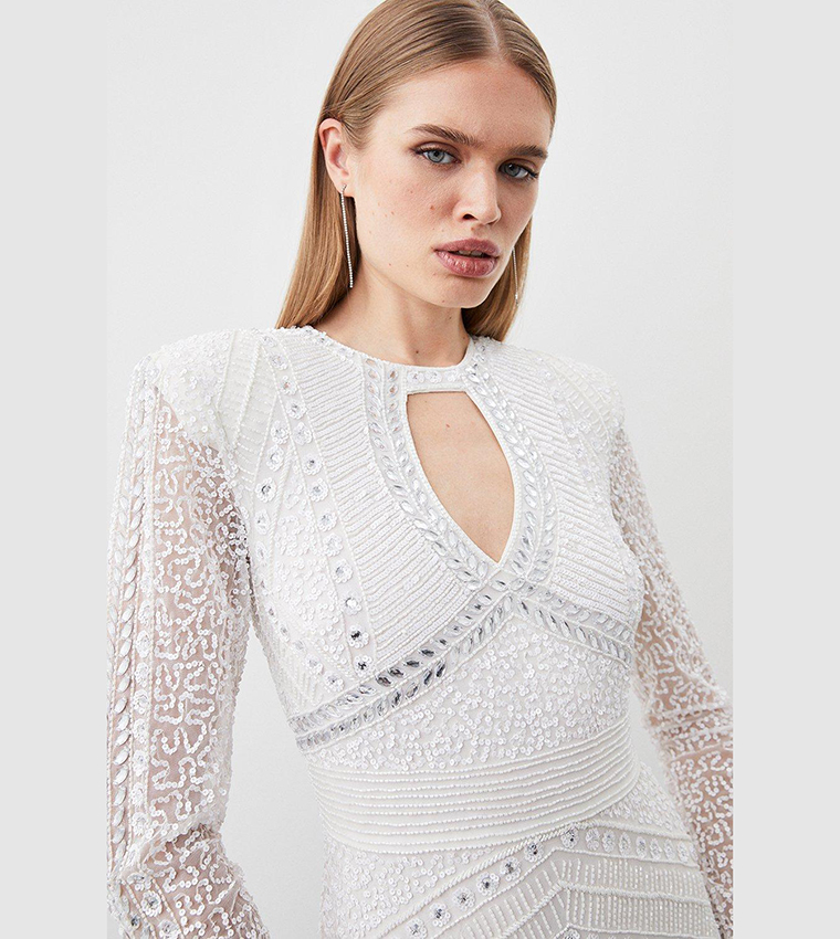 Buy Karen Millen Crystal Embellished Long Sleeve Maxi Dress In Ivory