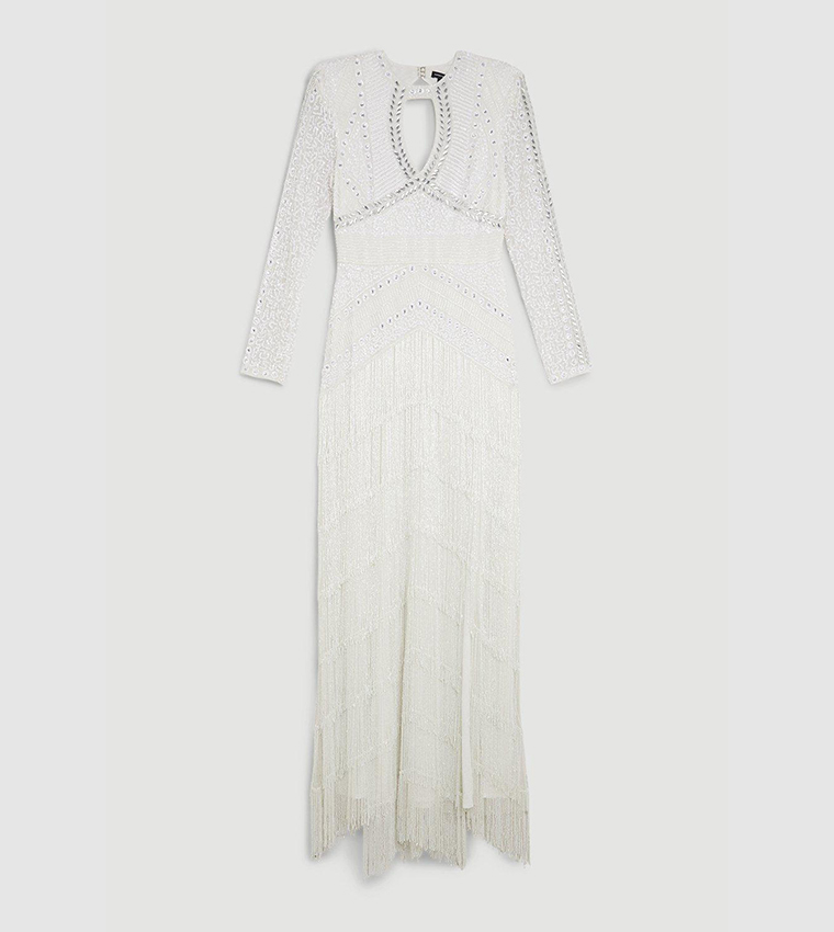 Buy Karen Millen Crystal Embellished Long Sleeve Maxi Dress In Ivory