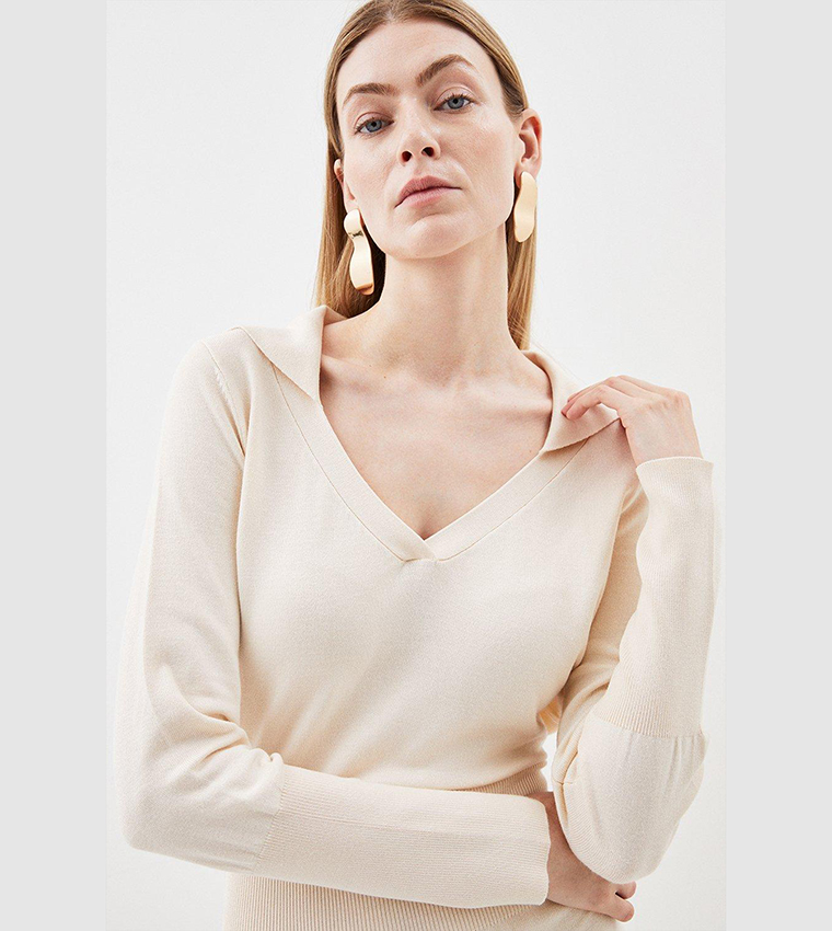 Buy Karen Millen Tall Viscose Blend Soft Touch Fly Collar Knit Midaxi Dress In Ivory | 6thStreet UAE