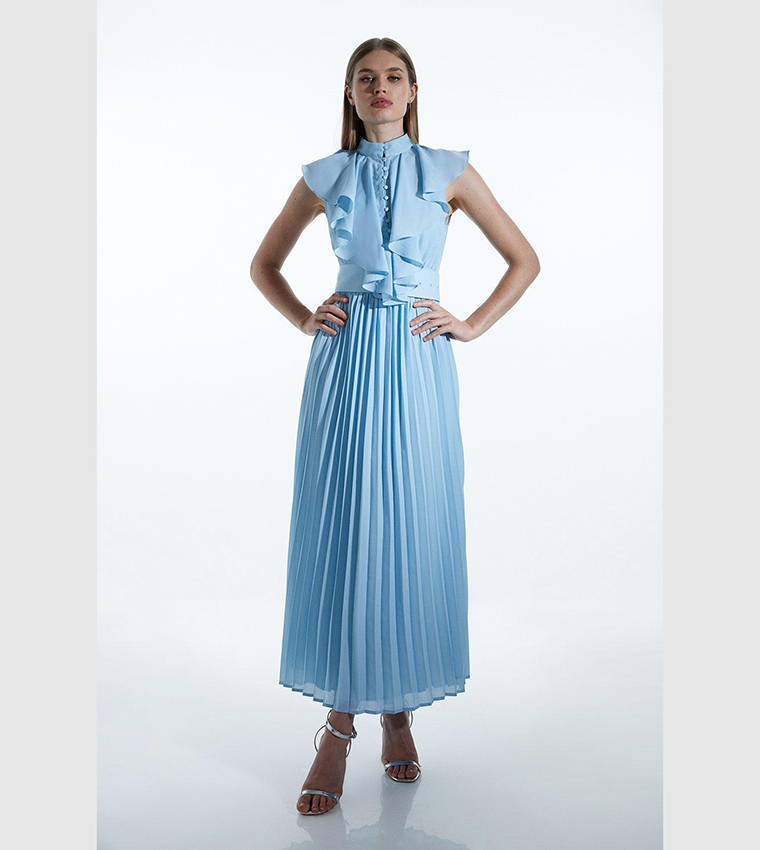 Buy Karen Millen Georgette Ruffle High Neck Woven Midi Dress In Blue ...