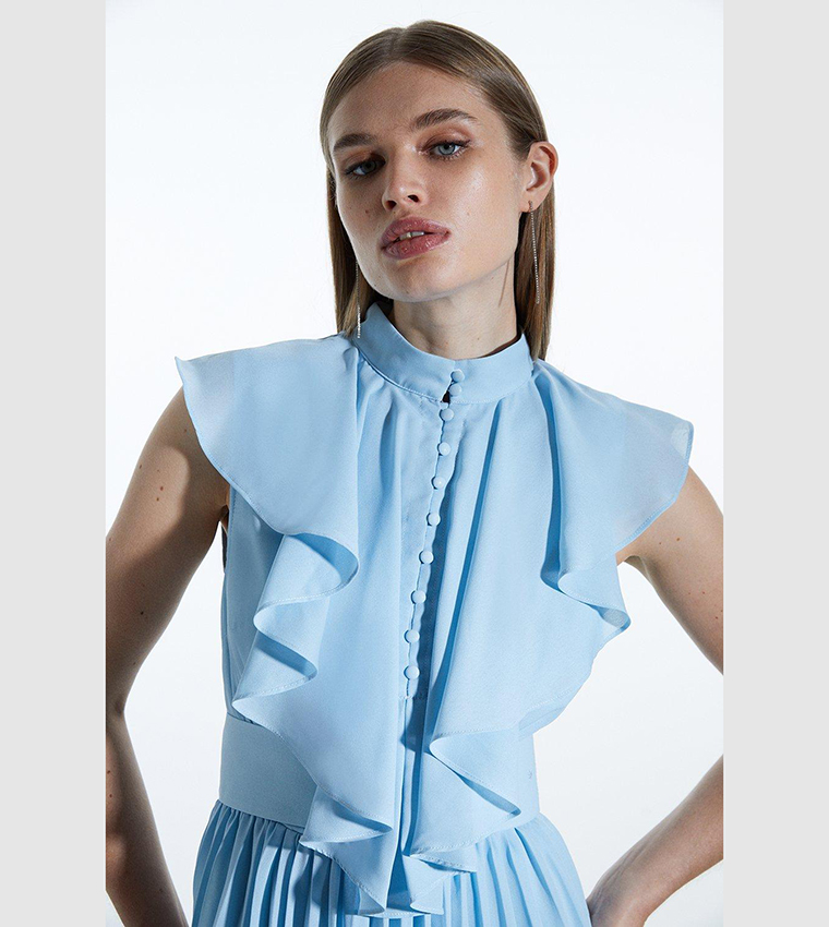 Buy Karen Millen Georgette Ruffle High Neck Woven Midi Dress In Blue