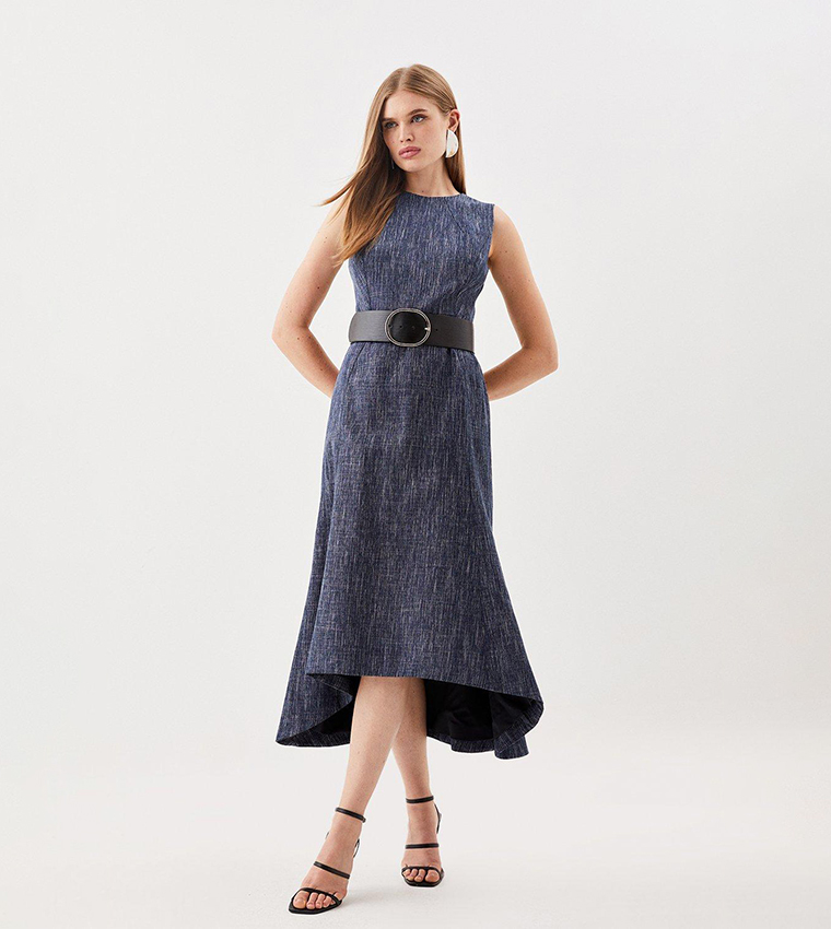 Buy Karen Millen Denim Tweed High Neck Waterfall Hem Midi Dress In Blue ...