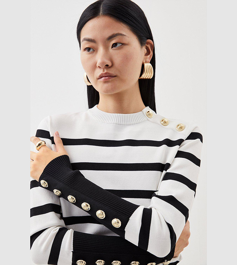 Buy Karen Millen Viscose Blend Rib Knit Military Trim Striped Sweater ...