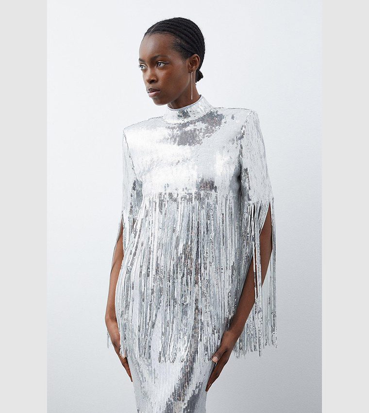 Buy Karen Millen Fringe Sequin Mini Cape Coat In Silver | 6thStreet Kuwait
