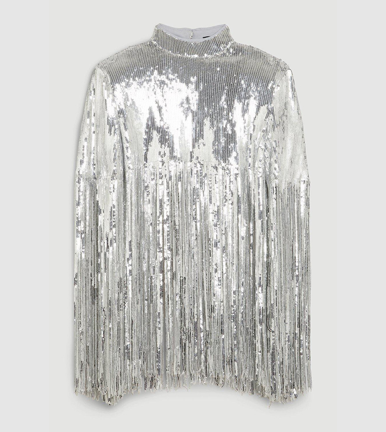 Buy Karen Millen Fringe Sequin Mini Cape Coat In Silver | 6thStreet Kuwait