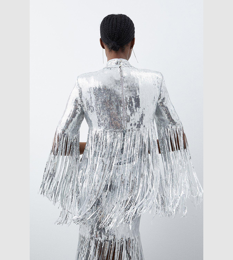 Buy Karen Millen Fringe Sequin Mini Cape Coat In Silver | 6thStreet Kuwait