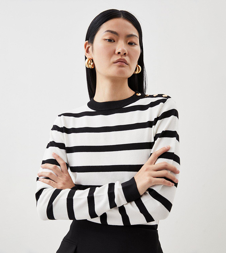 Buy Karen Millen Viscose Blend Rib Knit Military Trim Stripe Top In ...