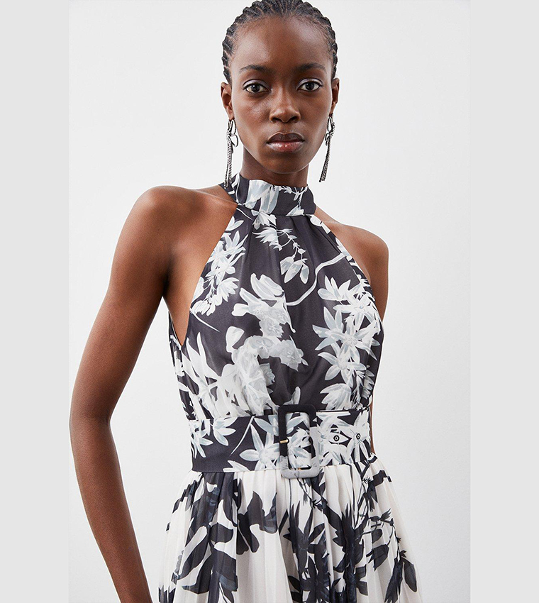 Buy Karen Millen Mono Floral Georgette Belted Pleated Midi Dress In ...