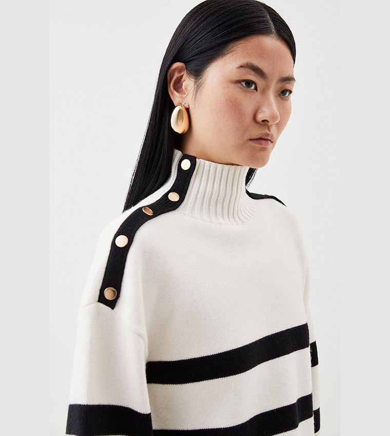 Buy Karen Millen Striped Military Trim Cable Knit Tunic Sweater In ...