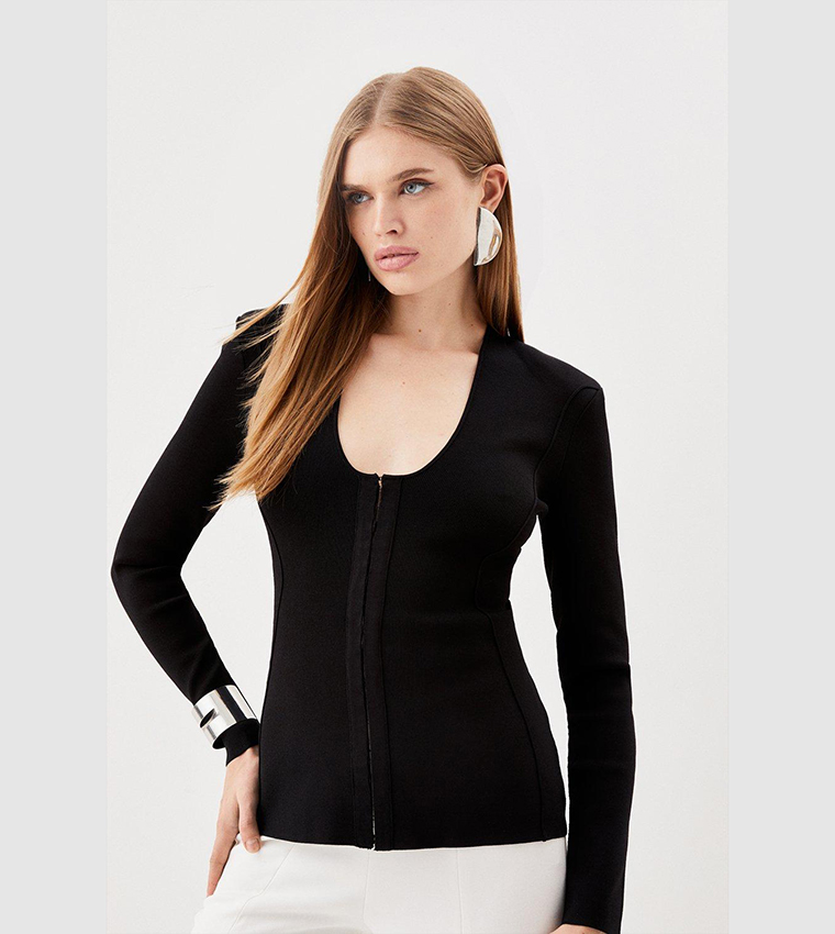 Buy Karen Millen Body Contouring Plunge Neck Knit Top In Black ...