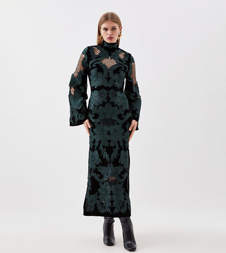 Buy Karen Millen Velvet Applique Woven Column Dress In FIG | 6thStreet ...