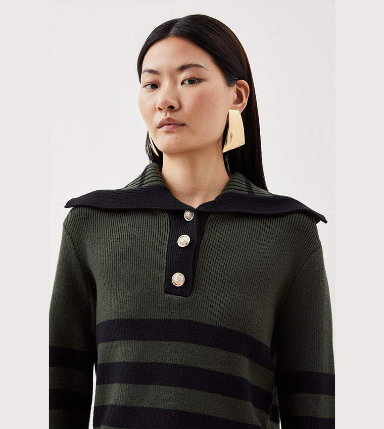 Buy Karen Millen Viscose Blend Chunky Knit Button Up Fly Collar Striped ...