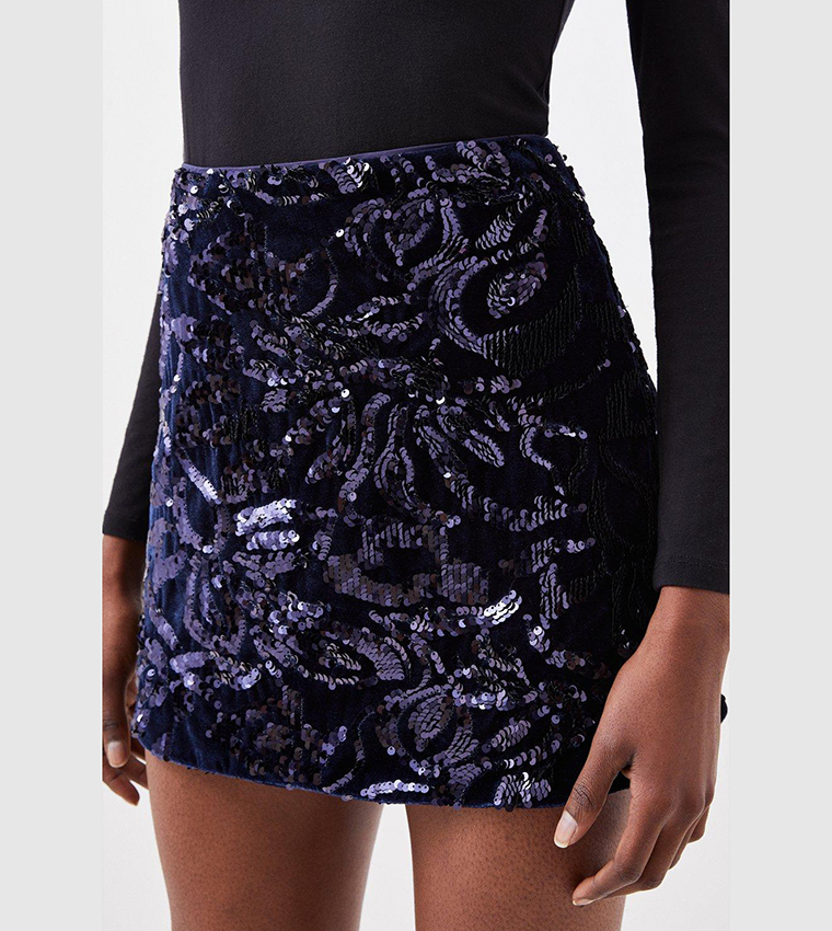 Buy Karen Millen Velvet Sequin Woven Low Rise Mini Skirt In Navy ...