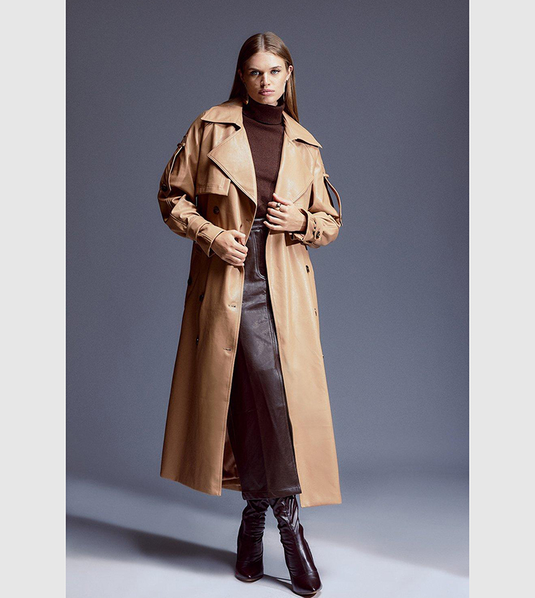 Buy Karen Millen Pu Tailored Belted Storm Flap Trench Coat In Camel ...