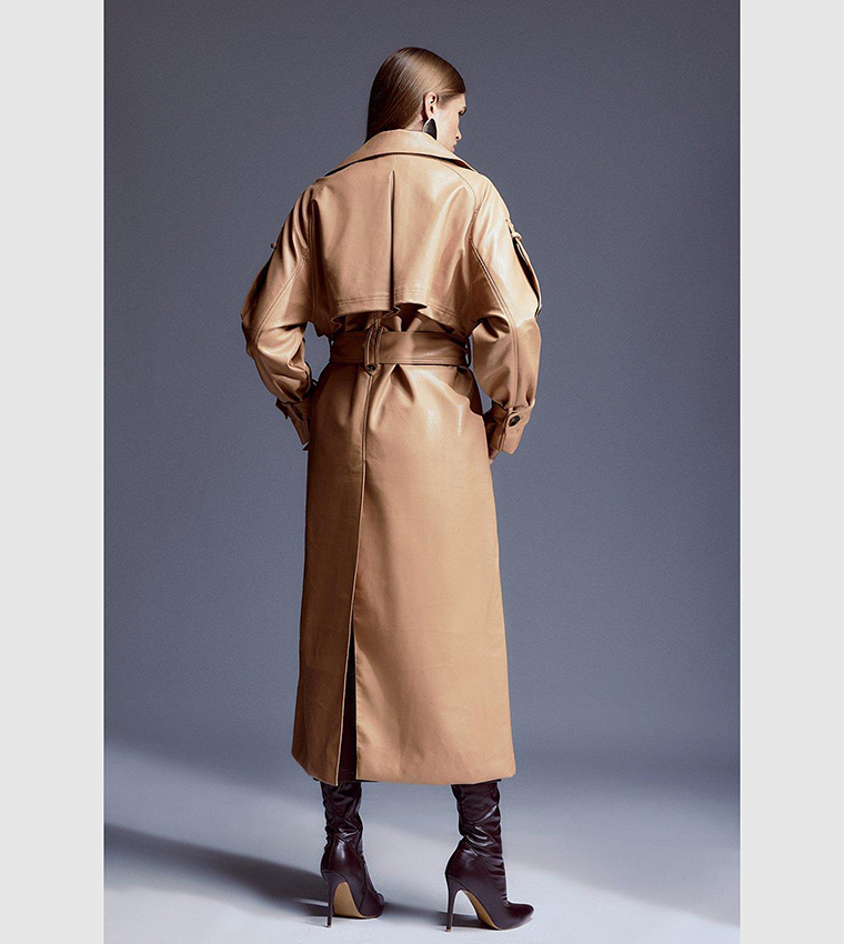 Buy Karen Millen Pu Tailored Belted Storm Flap Trench Coat In Camel ...
