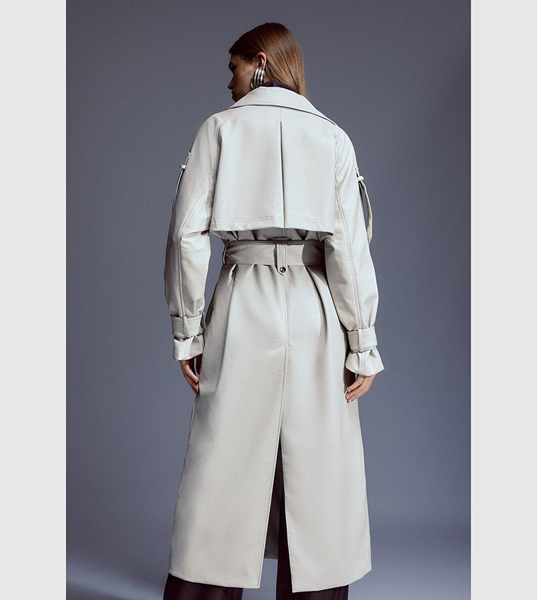 Buy Karen Millen Pu Tailored Belted Storm Flap Trench Coat In STONE ...