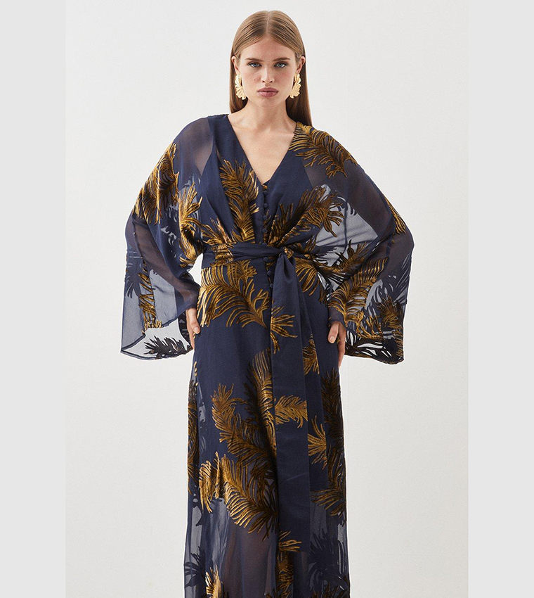 Buy Karen Millen Feather Devore Woven Kimono Maxi Dress In Navy ...