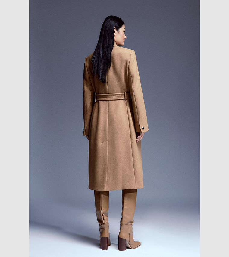 Buy Karen Millen Italian Wool Forever Notch Neck Midi Coat In Beige | 6thStreet UAE