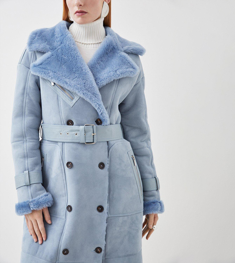 Buy Karen Millen Shearling Double Breasted Belted Maxi Coat In Blue ...
