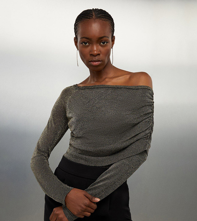 Buy Karen Millen Slinky Metallic Wrap Knit Top In Grey | 6thStreet UAE