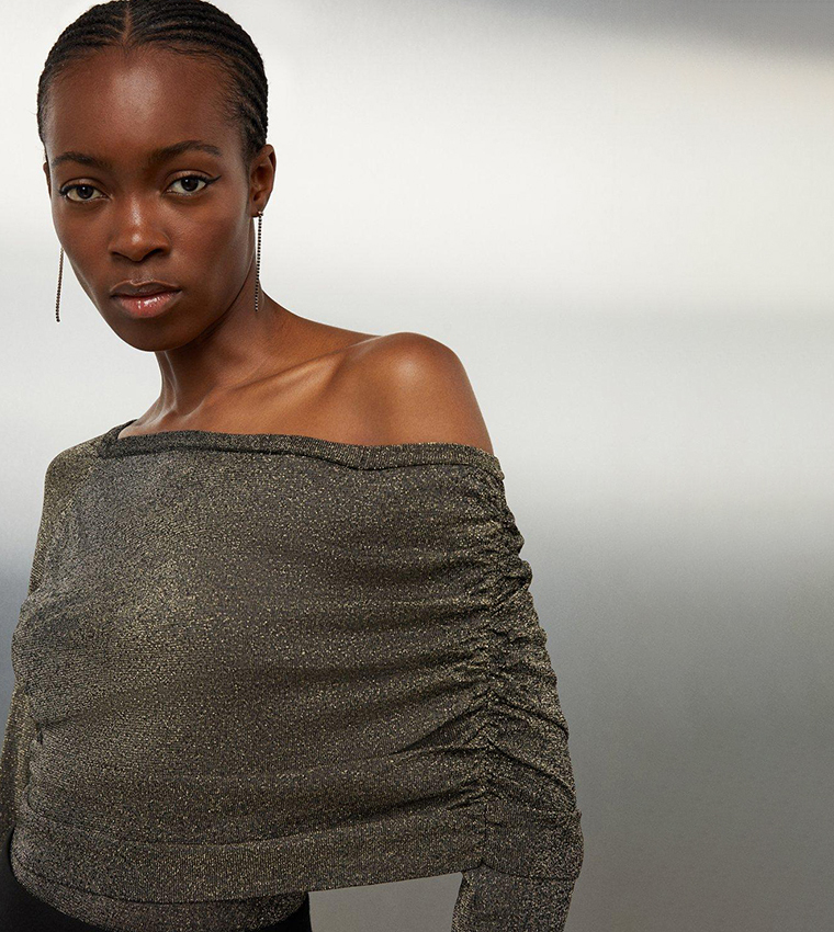 Buy Karen Millen Slinky Metallic Wrap Knit Top In Grey | 6thStreet UAE Buy Karen Millen Slinky Metallic Wrap Knit Top In Grey | 6thStreet UAE