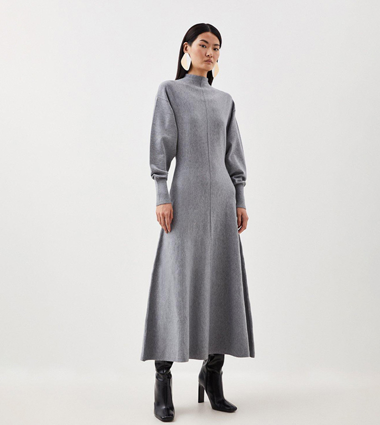 Buy Karen Millen Compact Knit Wool Look Full Skirt Midaxi Dress In Grey ...