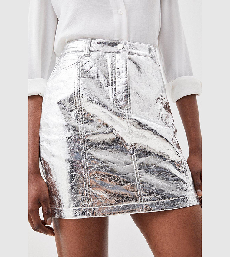 Buy Karen Millen Metallic Faux Leather Mini Skirt In Silver | 6thStreet ...