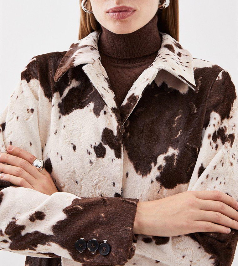 Buy Karen Millen Signature Faux Ponyskin Cow Print Collared Midi Coat ...