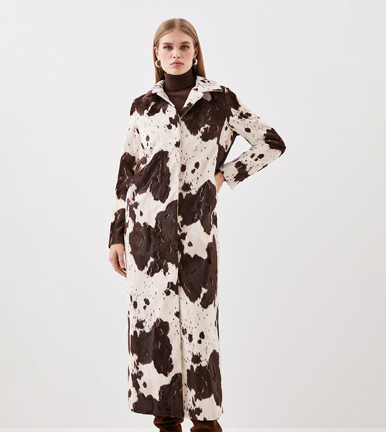 Buy Karen Millen Signature Faux Ponyskin Cow Print Collared Midi Coat ...