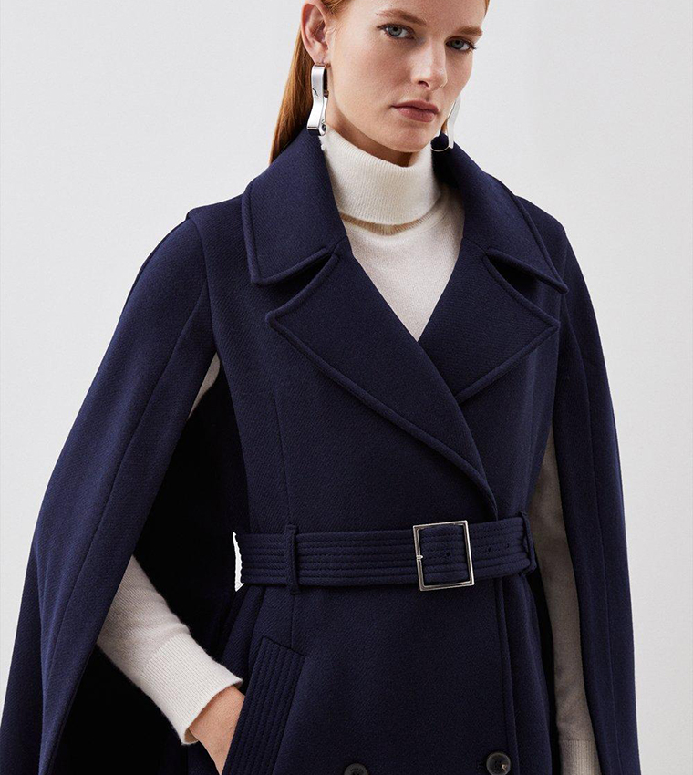 Buy Karen Millen Italian Wool Blend Cape Sleeves Belted Coat In Navy ...