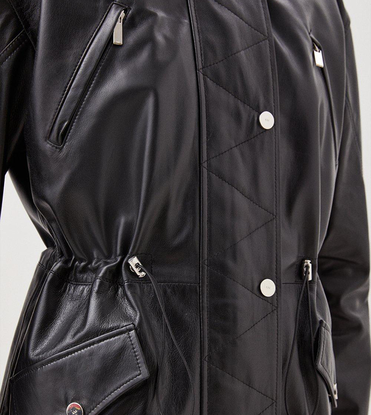 Buy Karen Millen Leather Hooded Parka Jacket In Black | 6thStreet Qatar