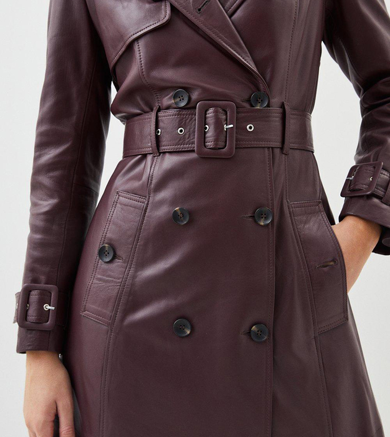 Buy Karen Millen Leather Trench Belted Mac Midi Coat In Mulberry ...