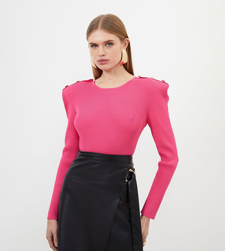 Buy Karen Millen Viscose Blend Ribbed Knit Power Shoulder Top In Pink ...