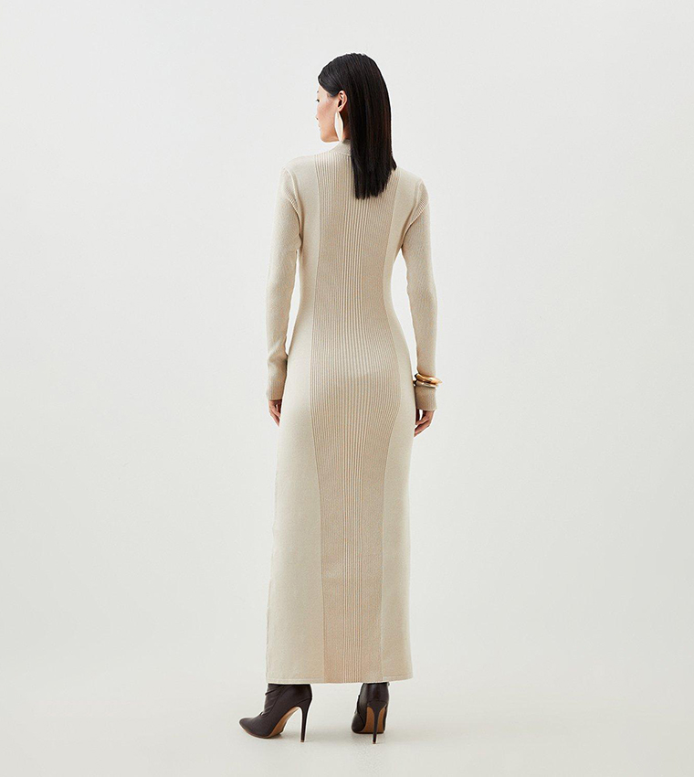 Buy Karen Millen Viscose Blend Long Neck Knit Maxi Dress In Beige