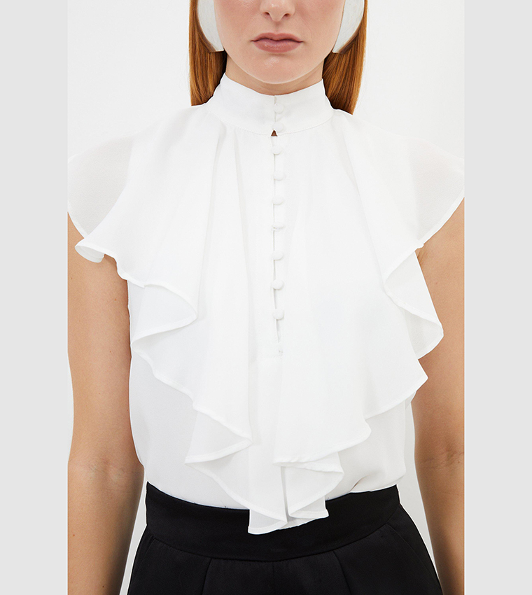 Buy Karen Millen Georgette Ruffle High Neck Woven Top In White ...