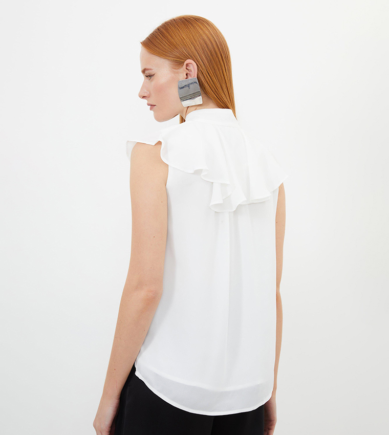 Buy Karen Millen Georgette Ruffle High Neck Woven Top In White ...