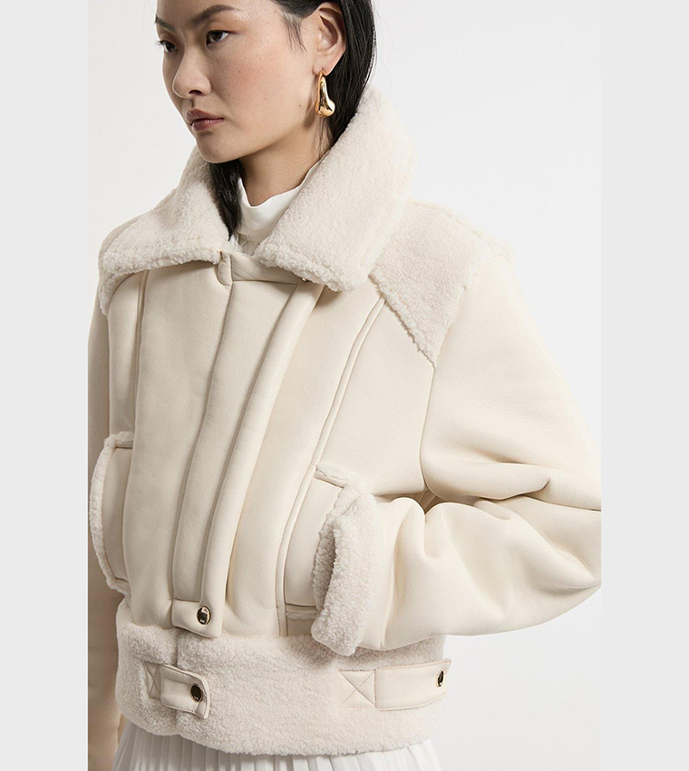 Buy Karen Millen Faux Fur Aviator Crop Jacket In Cream | 6thStreet UAE