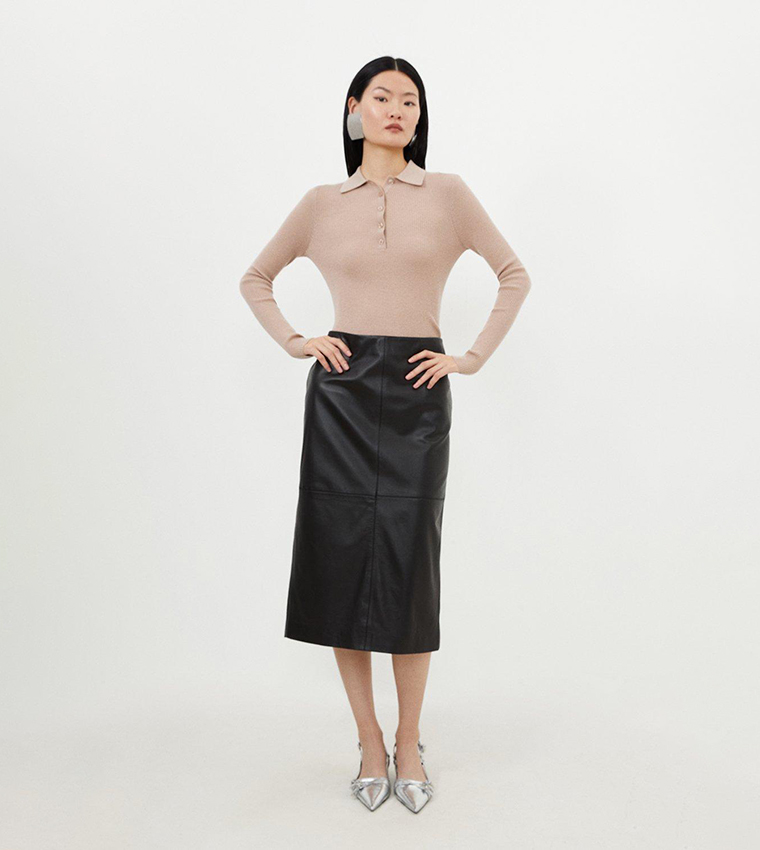 Buy Karen Millen Petite Leather Panel Pencil Midi Skirt In Black | 6thStreet Bahrain