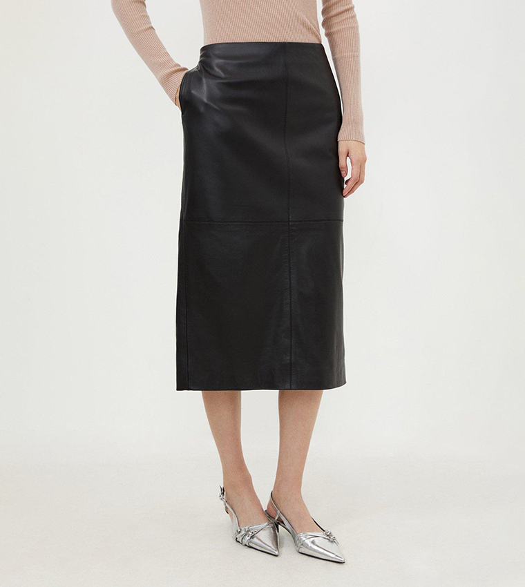 Buy Karen Millen Petite Leather Panel Pencil Midi Skirt In Black | 6thStreet Bahrain