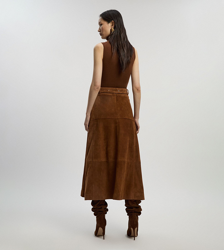 Buy Karen Millen Suede Utility Belted Midi Skirt In Brown | 6thStreet ...